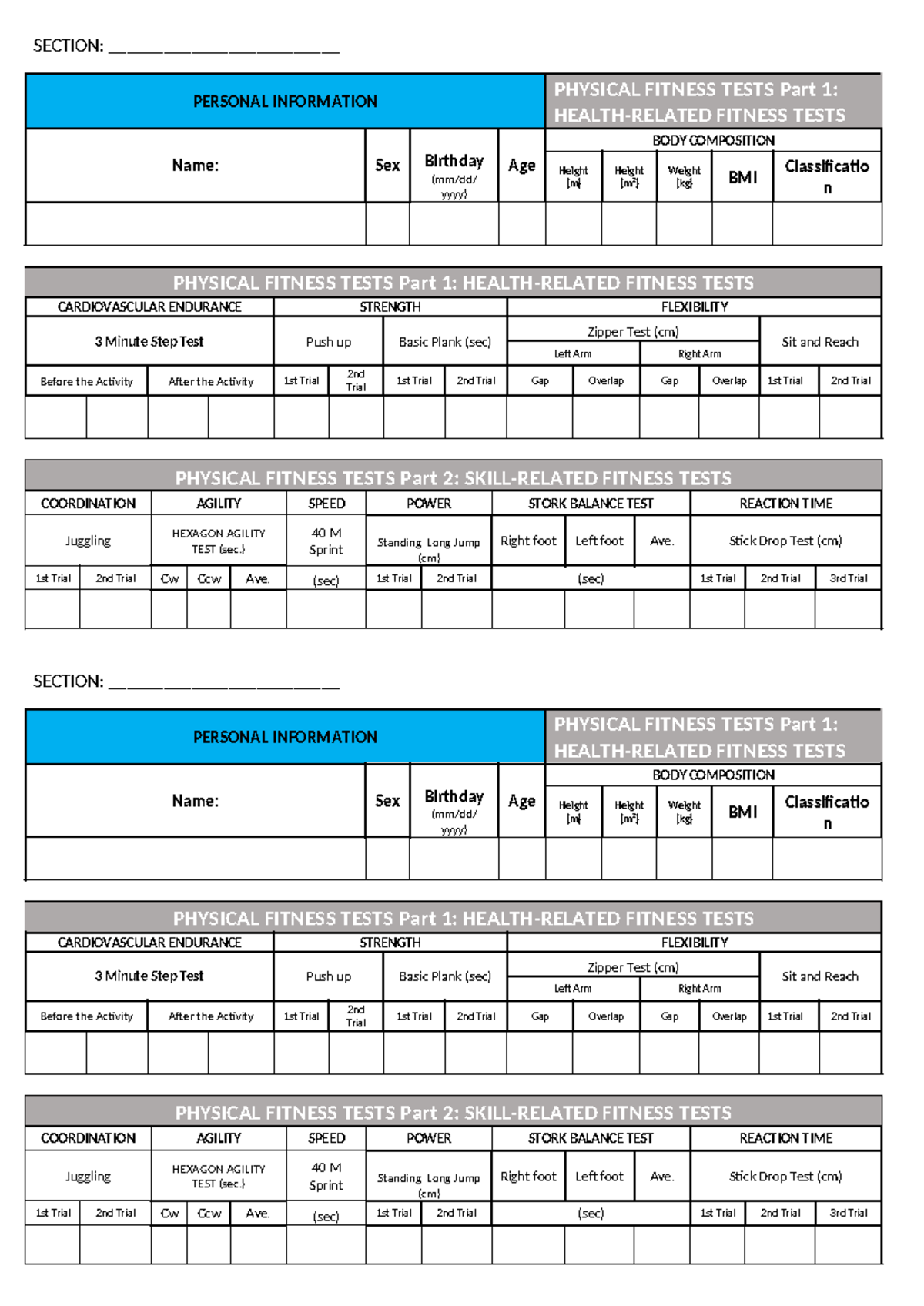 PFT-FORM - Comprehensive Physical Fitness Test Templates - Studocu
