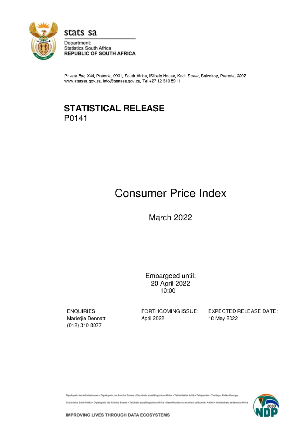 CPI Indices Report - March 2022 (P0141 - Statistical Release) - Studocu