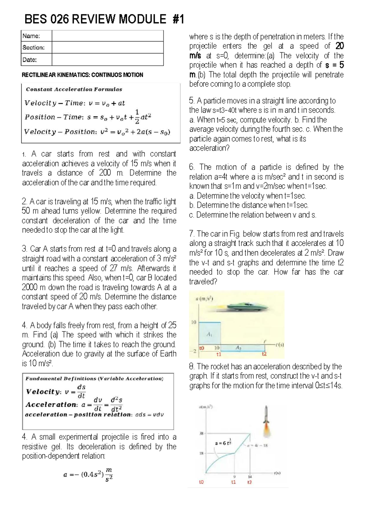 BES 026 REVIEW MODULE: RECTILINEAR KINEMATICS & DYNAMICS - Studocu