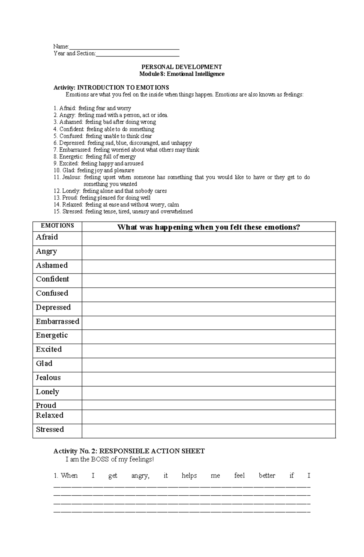Module 8: Emotional Intelligence Activity - Understanding Emotions ...
