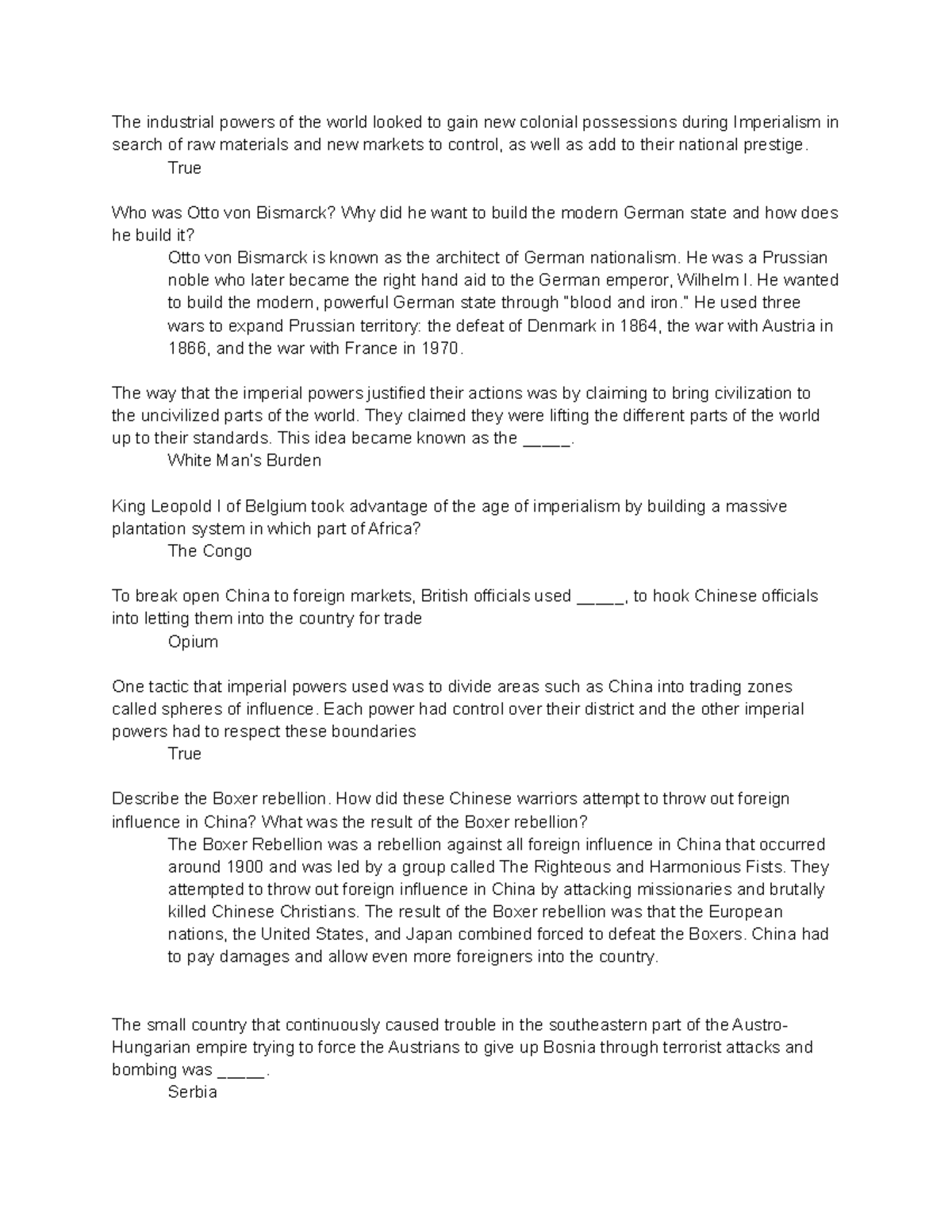 Imperialism and WWI Quiz Study Guide for History 101 - Studocu