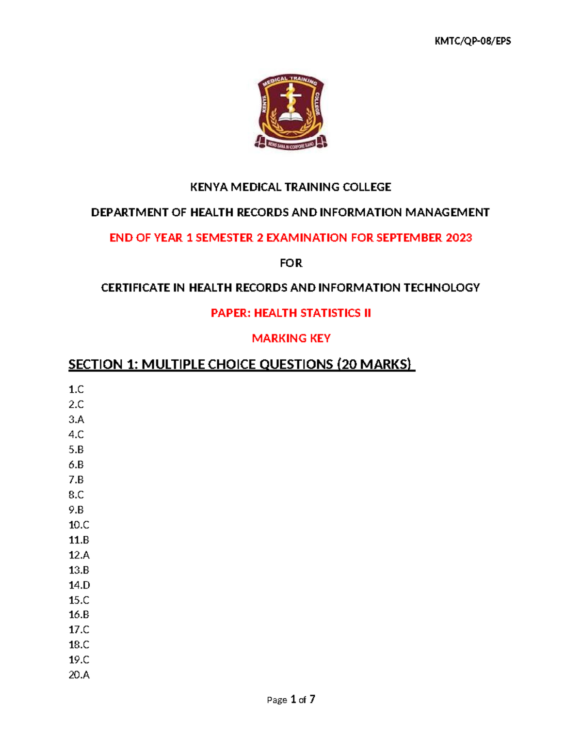 Health Statistics II Exam Marking Key - KMTC Year 1 Sem 2 - Studocu