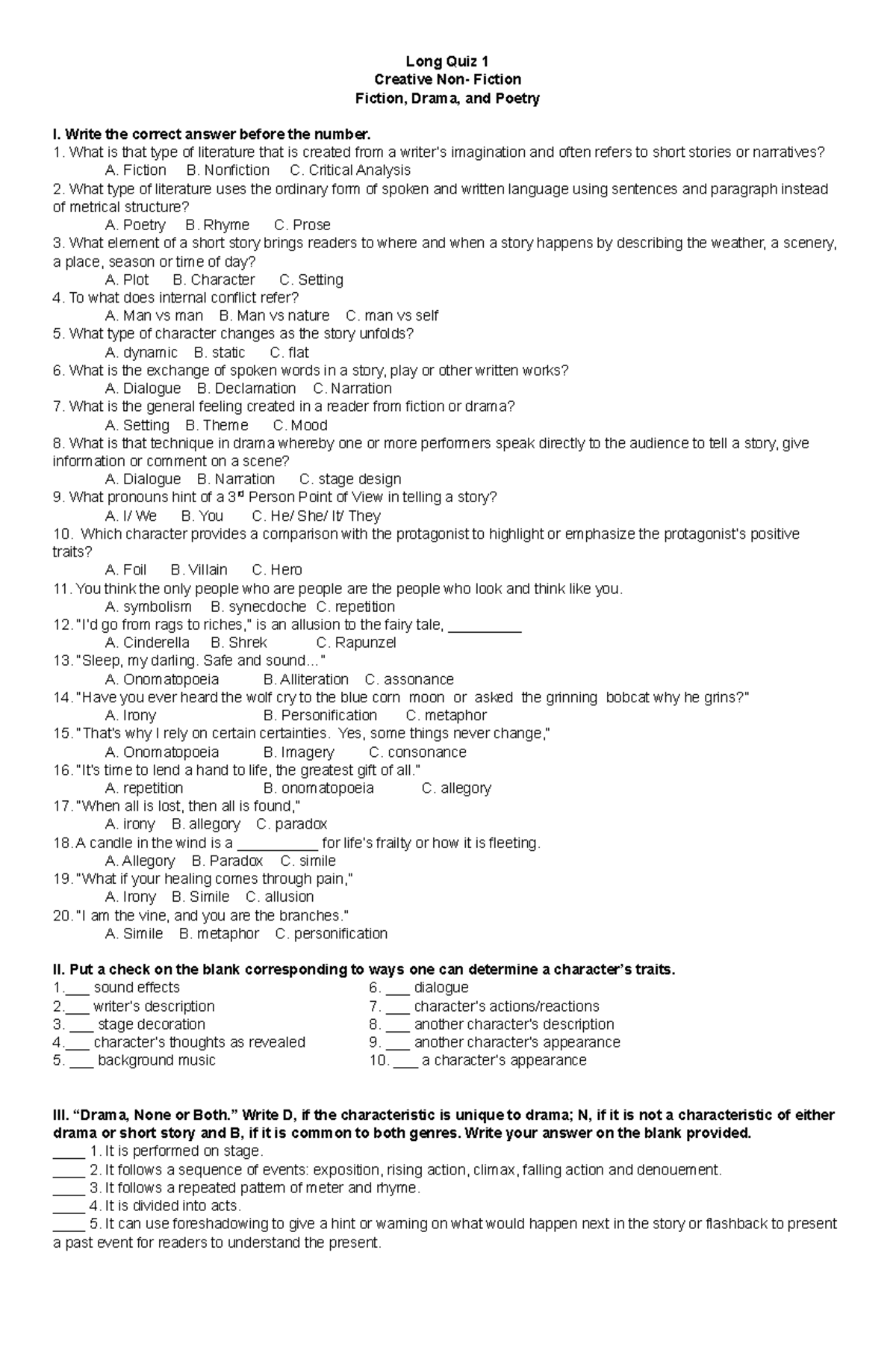 Long Quiz 1: Exploring Fiction, Drama, and Poetry Concepts - Studocu