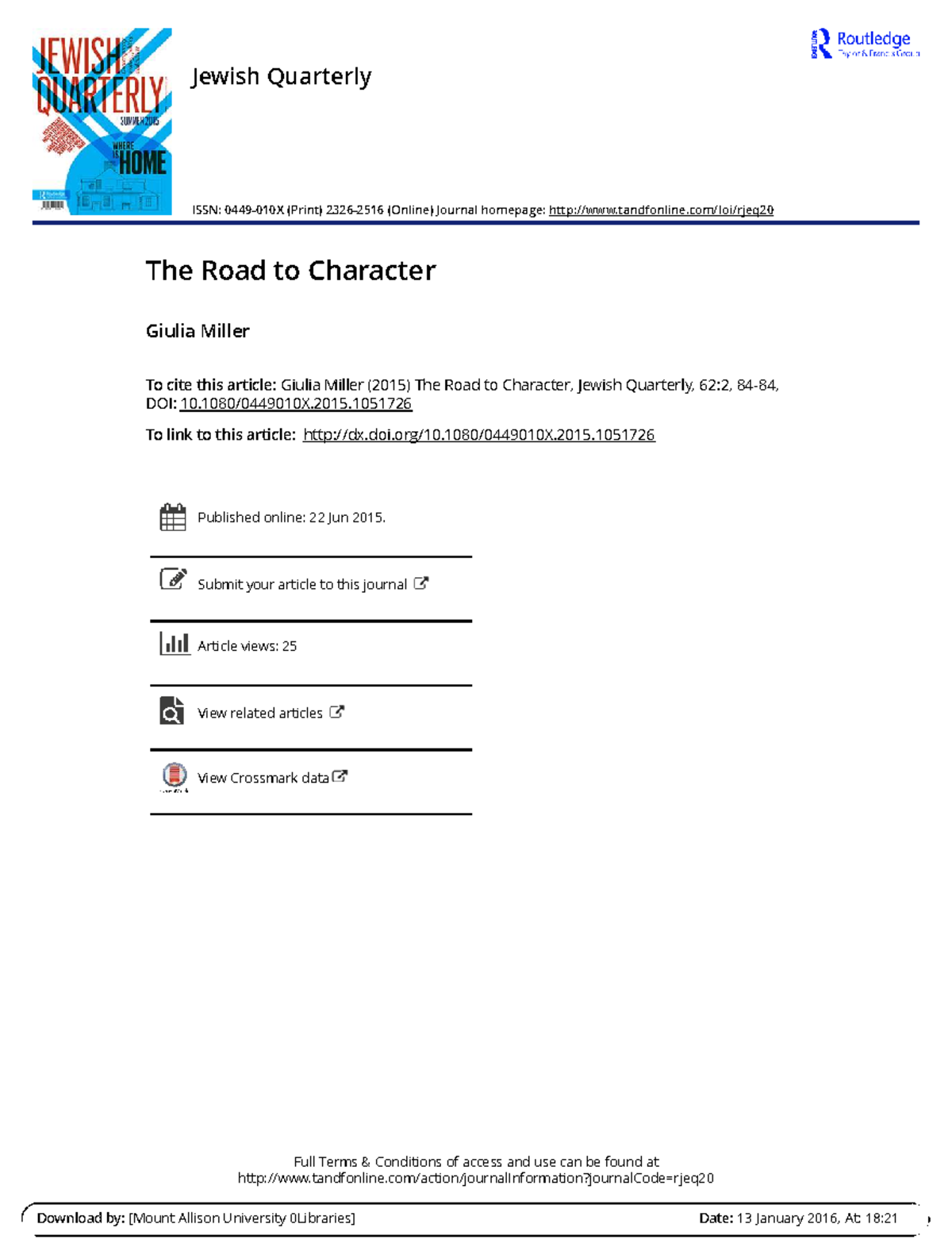 The Road to Character - Jewish Quarterly Vol. 62, Iss. 2 (2015) - Studocu