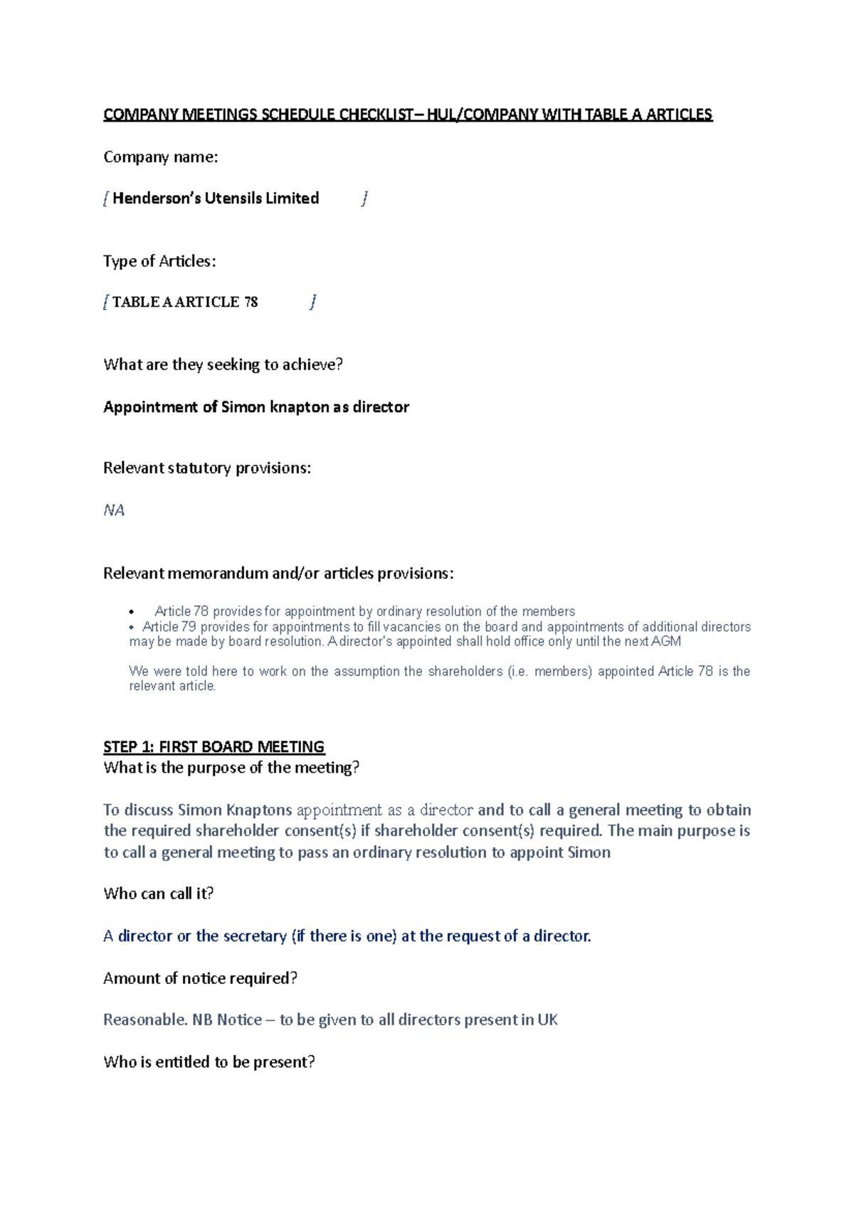 Appointment of Director: Steps Using Table A Articles - Studocu