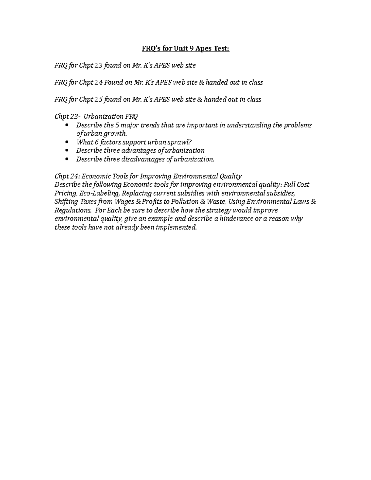 FRQ's for Unit 9 APES Test: Chapters 23-25 Review Notes - Studocu
