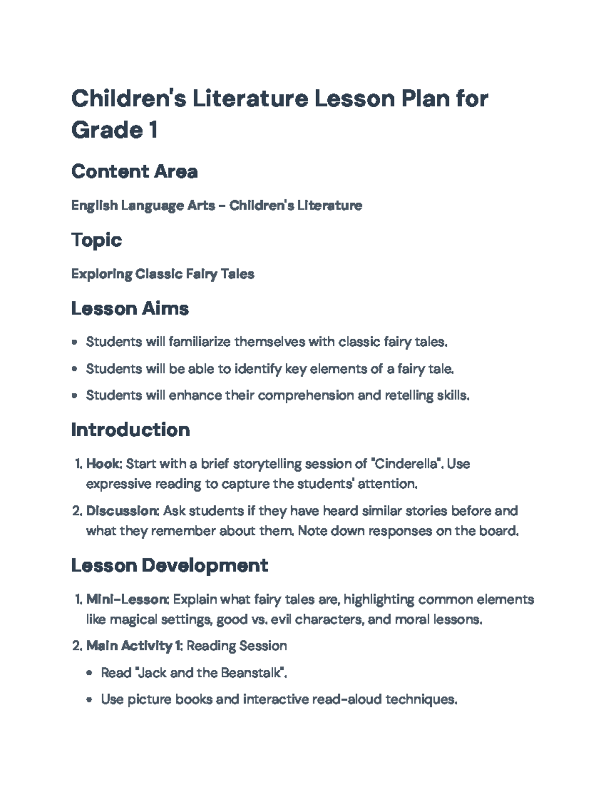 Children's Literature Lesson Plan for Grade 1: Exploring Fairy Tales ...