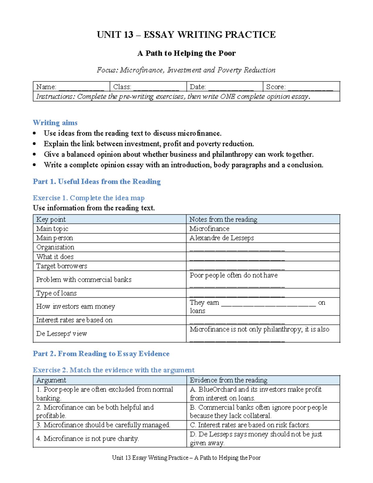 Unit 13 Essay Writing Practice: Microfinance & Poverty Reduction - Studocu