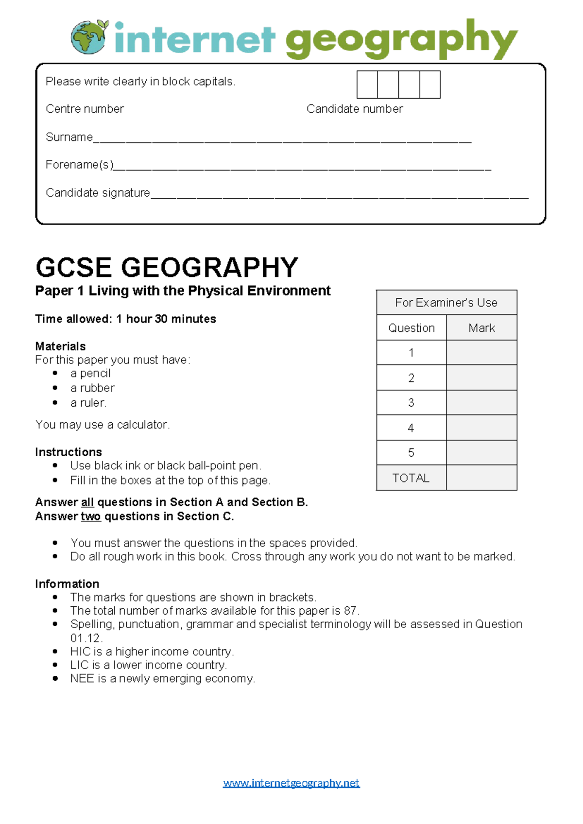 AQA GCSE Geography Paper 1: Living with the Physical Environment Exam ...
