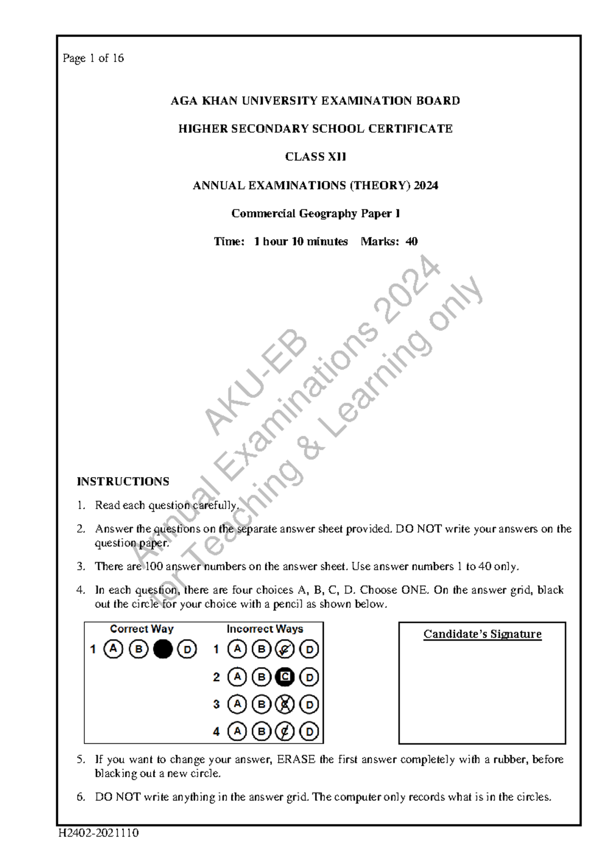 Commecial Geography paper I XII - AKU-EB Annual Examinations 2024 for ...