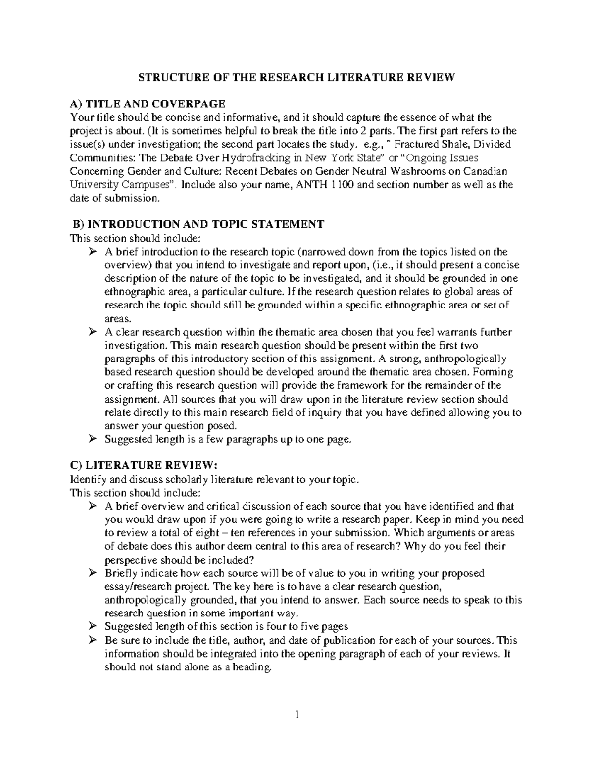 Research Literature Review Structure: ANTH 1100 Guidelines - Studocu