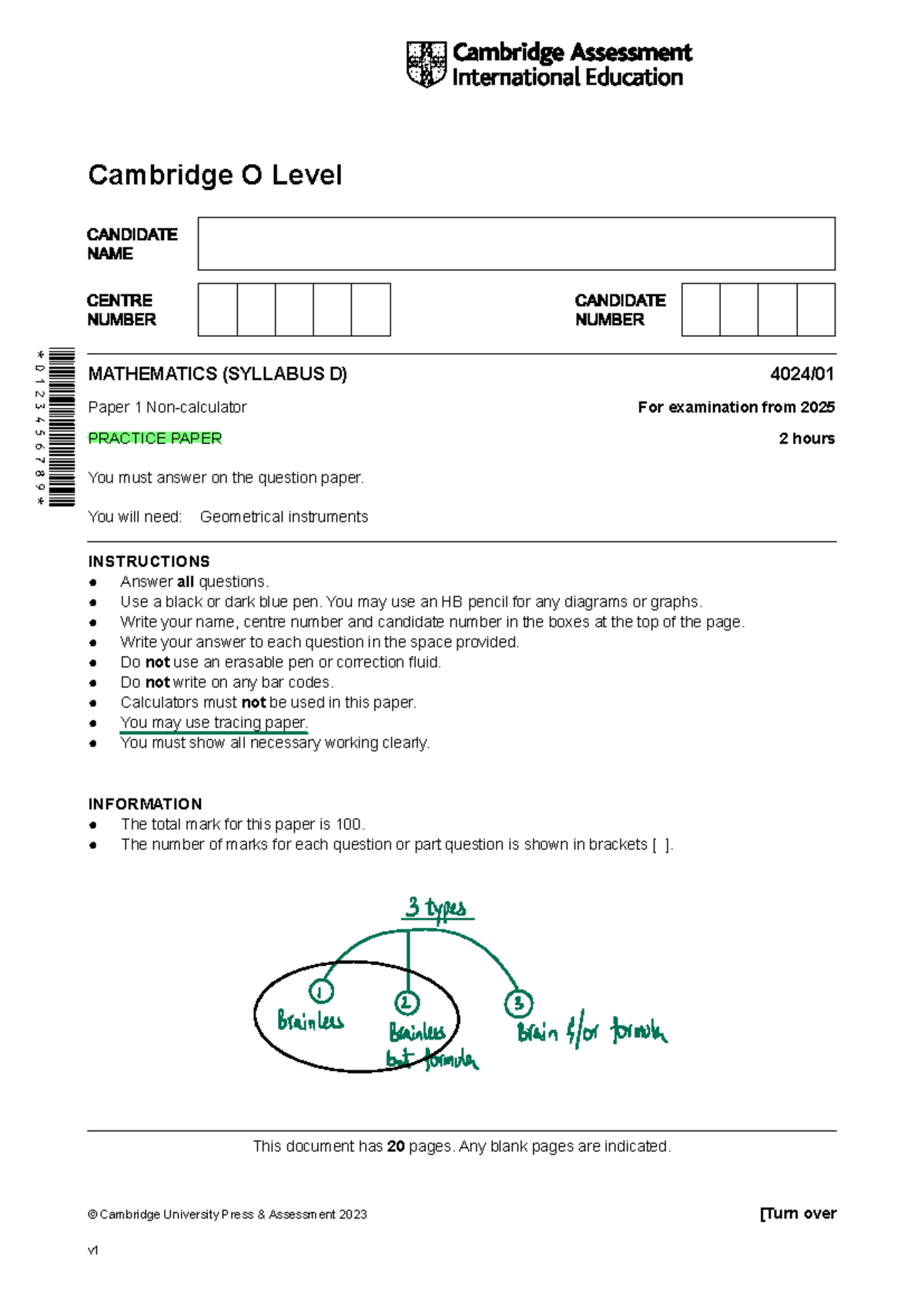 Cambridge O Level Mathematics (Syllabus D) Paper 1 Practice Paper 2025 ...