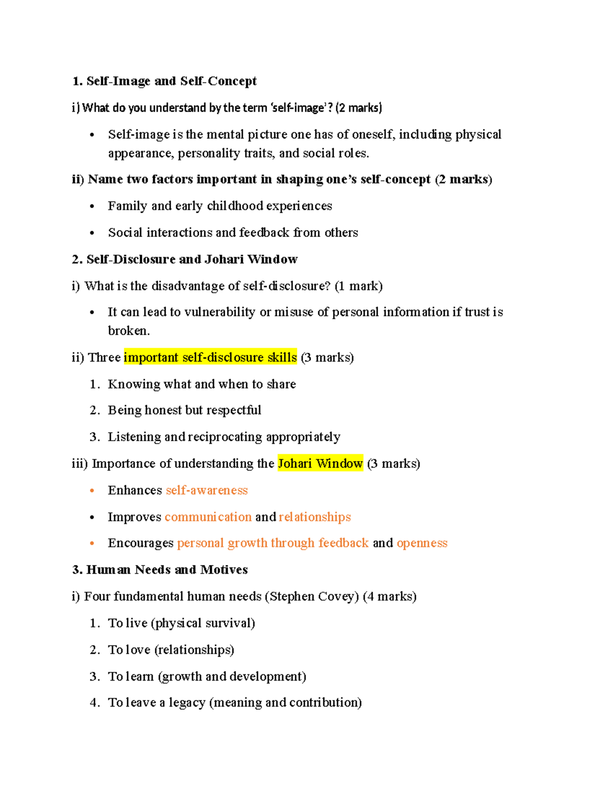 SELF Awareness Revision Material: Key Concepts and Theories - Studocu