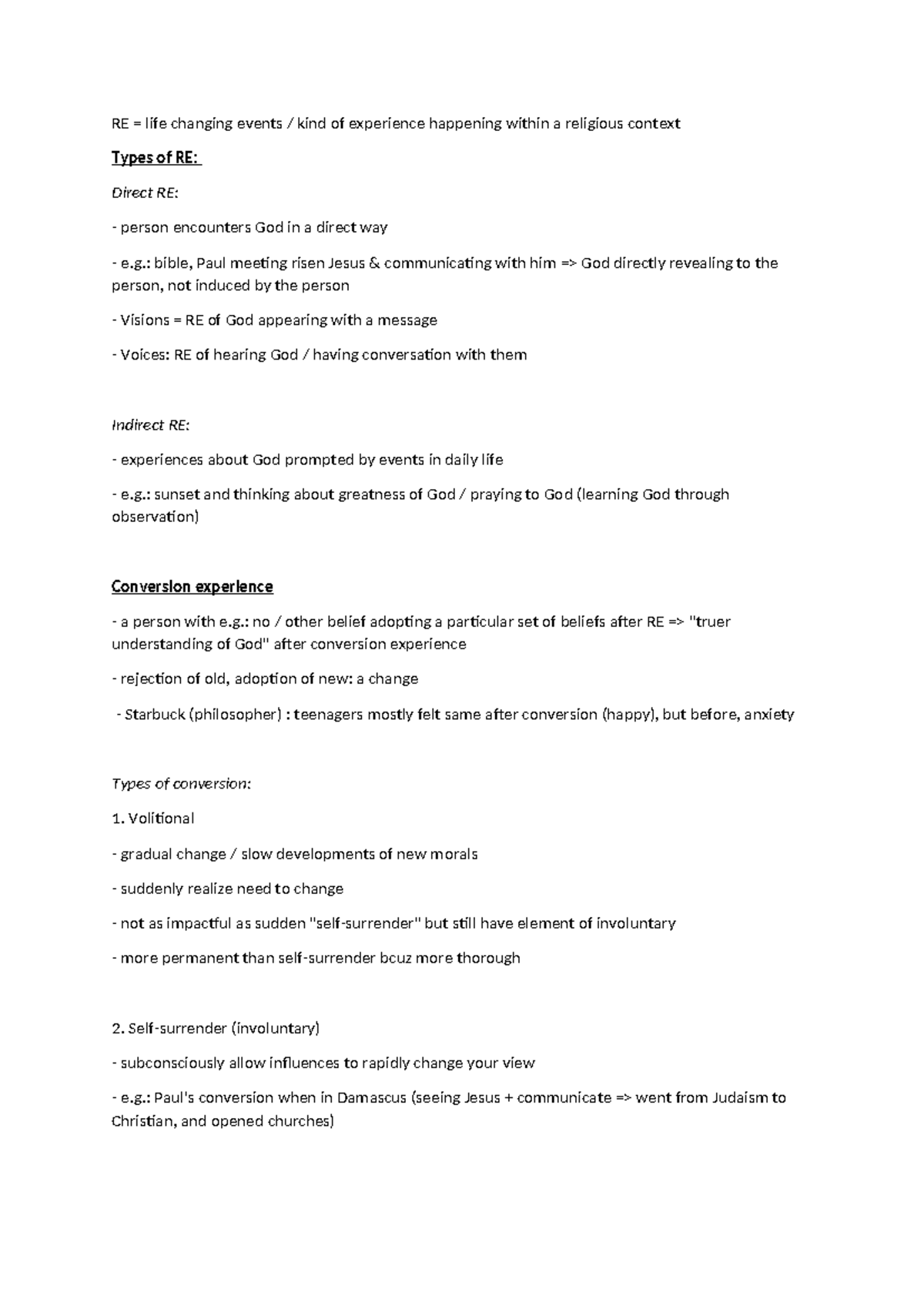 A Level RS Notes on Religious Experiences and Conversion Understandings ...