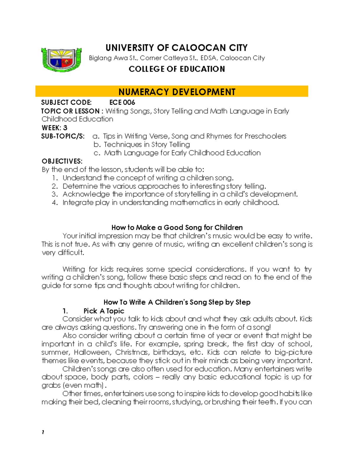 ECE-006-Numeracy Development: Writing Songs & Storytelling Techniques ...