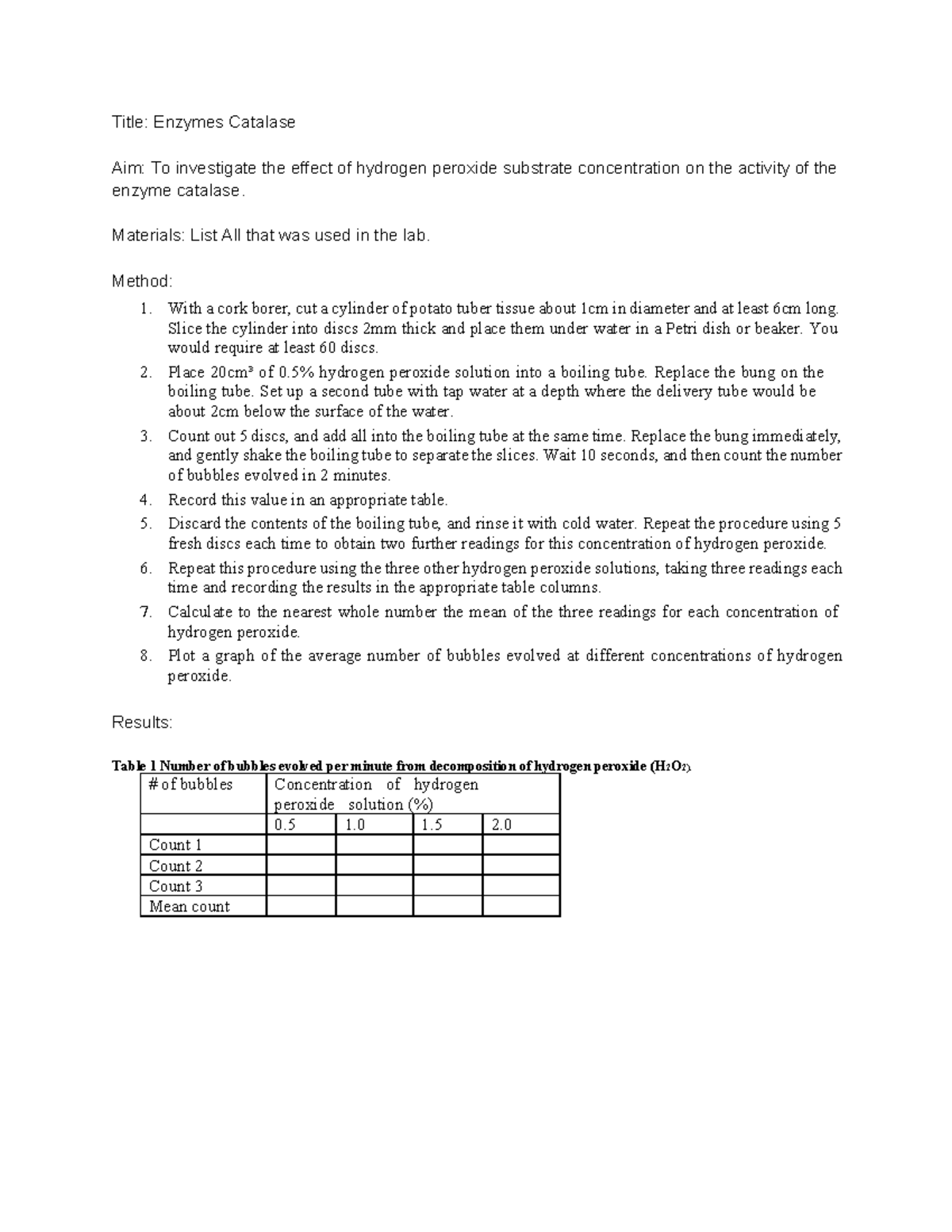 Title: BIOL 101 Lab Report: Effect of H2O2 on Catalase Activity - Studocu