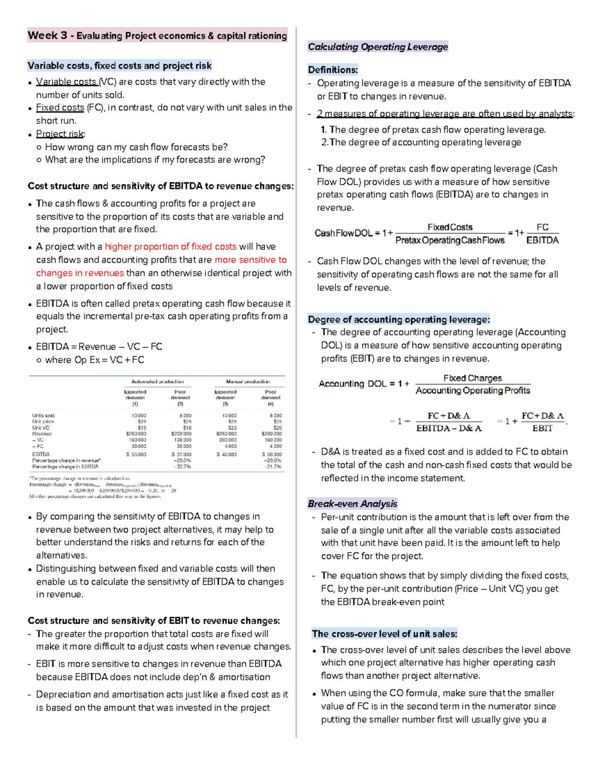 AFIN253 Week 3 Notes - Week 3 - Evaluating Project economics & capital ...
