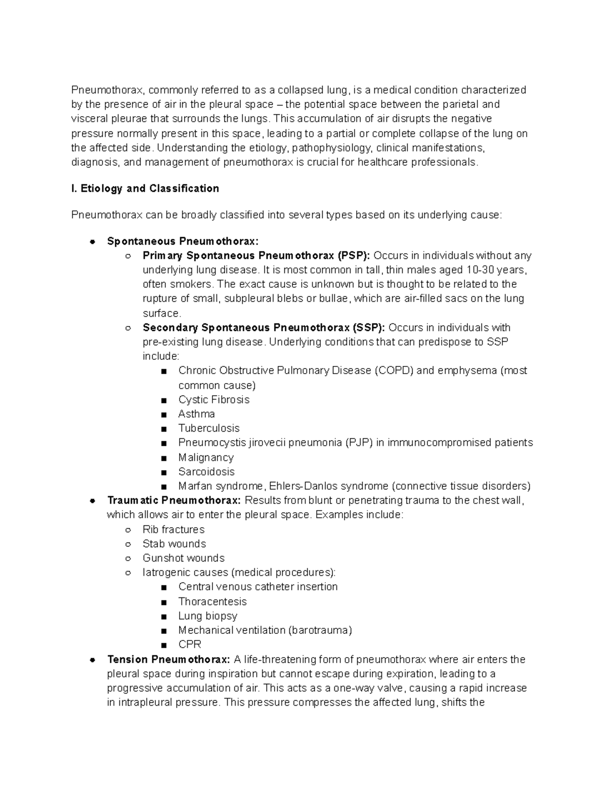 Pneumothorax Overview: Etiology, Diagnosis, and Management Notes - Studocu