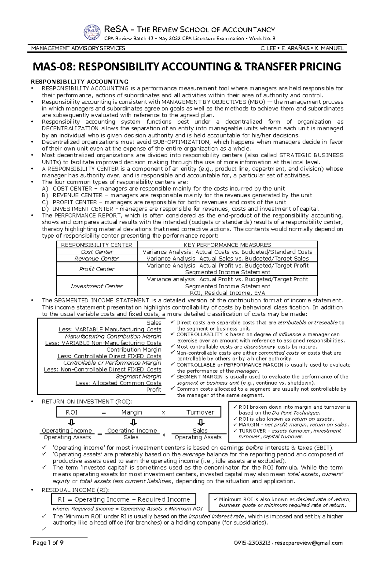 MAS-08: Final Review on Responsibility Accounting & Transfer Pricing ...
