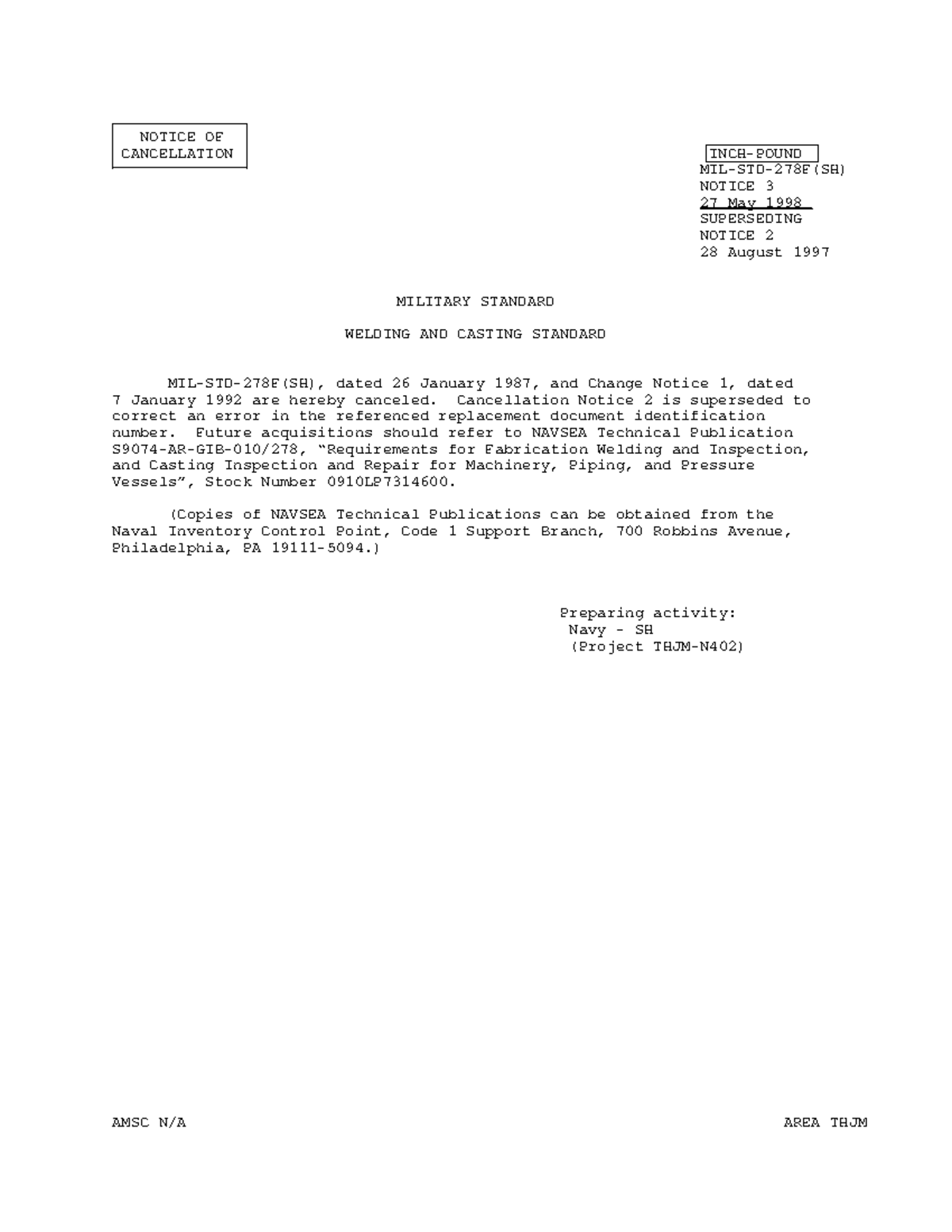 MIL-STD-278F-1987 Cancellation Notices 2 & 3 Summary - Studocu