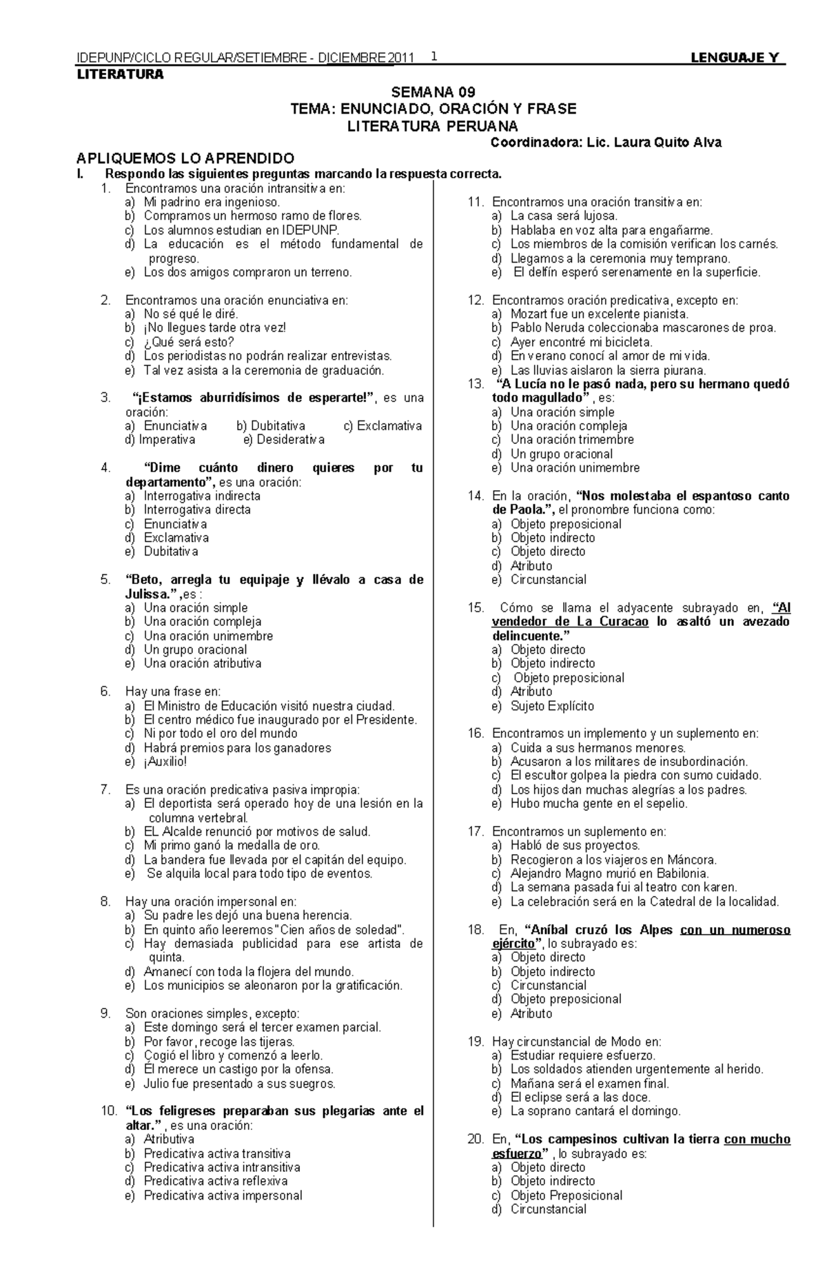 Lengua y Literatura con Laura Quito Alva - Examen Parcial 2011 - Studocu