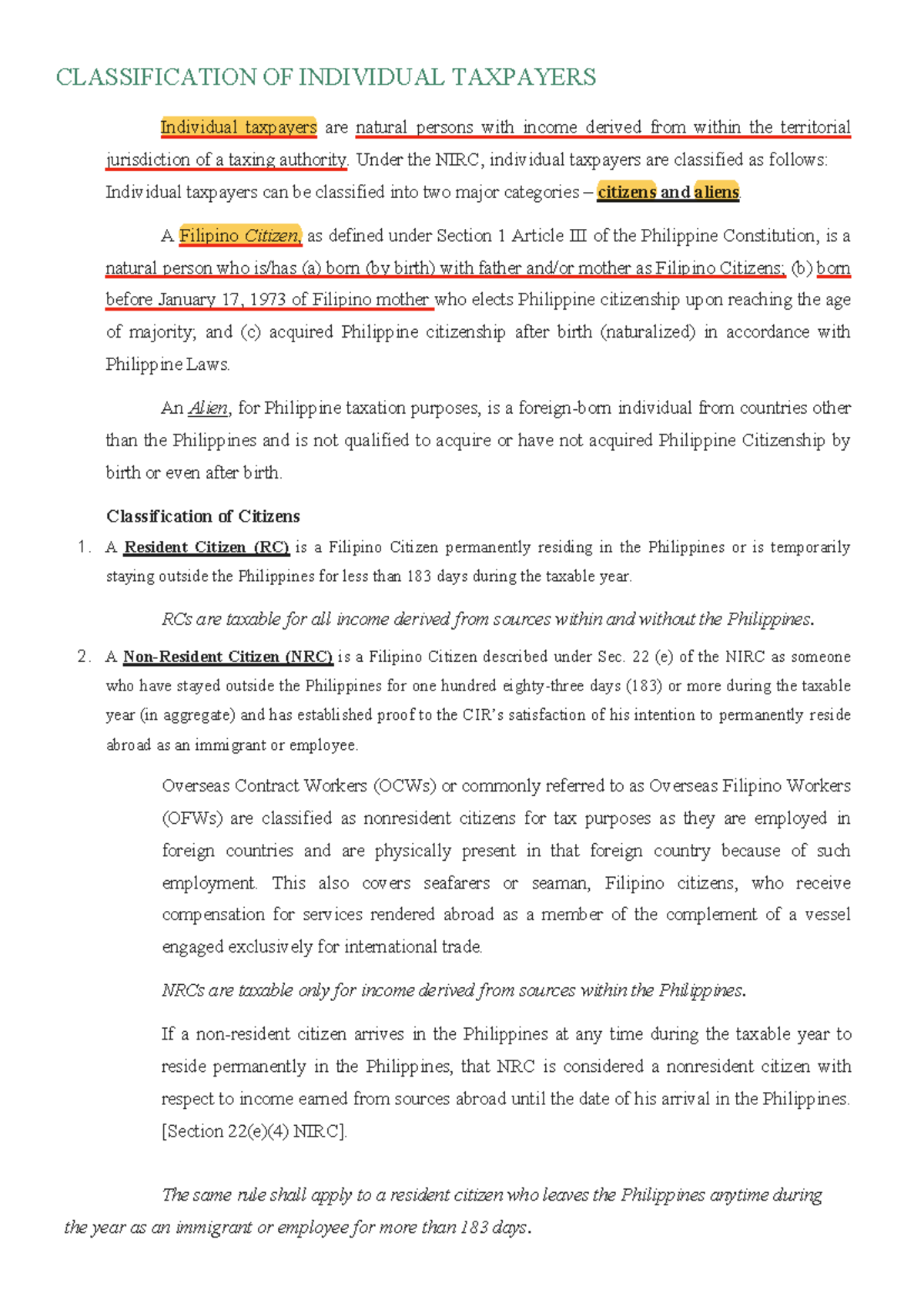 Classification of Individual Taxpayers in the Philippines: Citizens ...