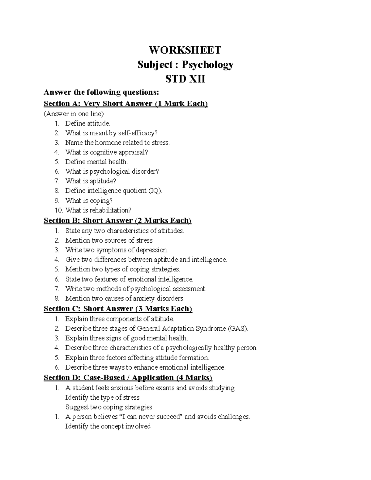 Psychology Worksheet XII - Comprehensive Study Guide - Studocu
