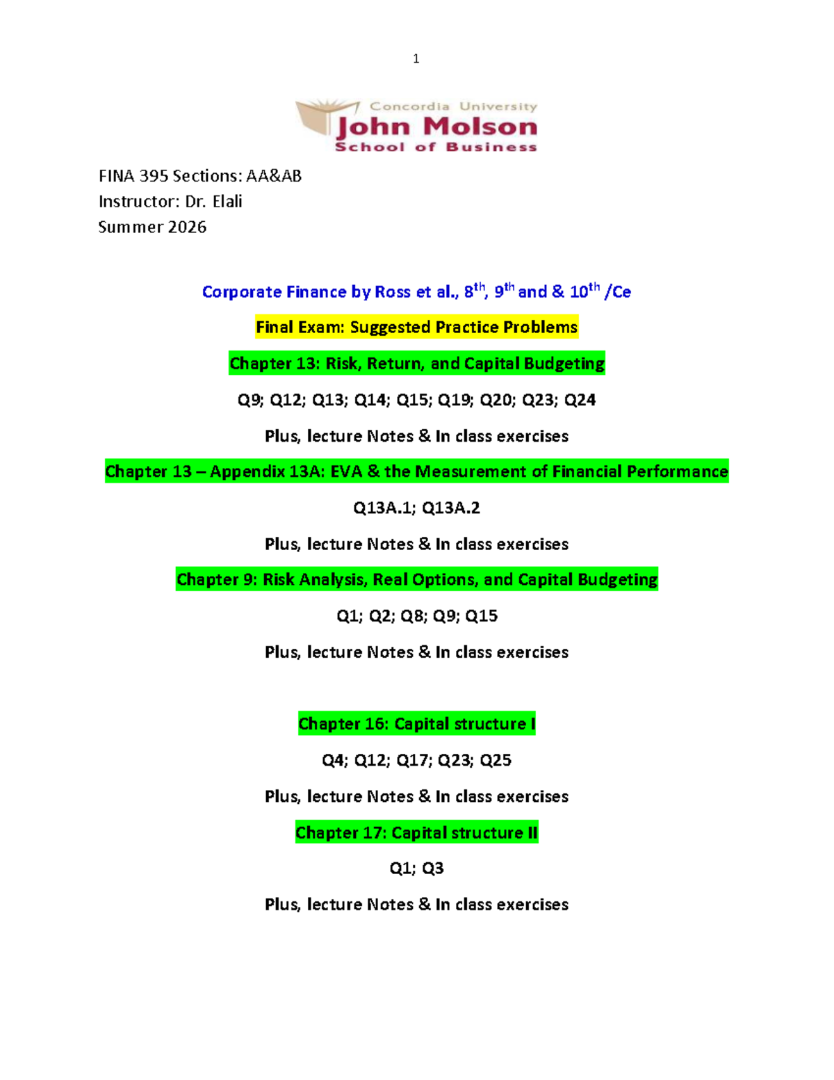 FINA 395 Summer 2026 Final Exam Practice Problems & Notes - Studocu