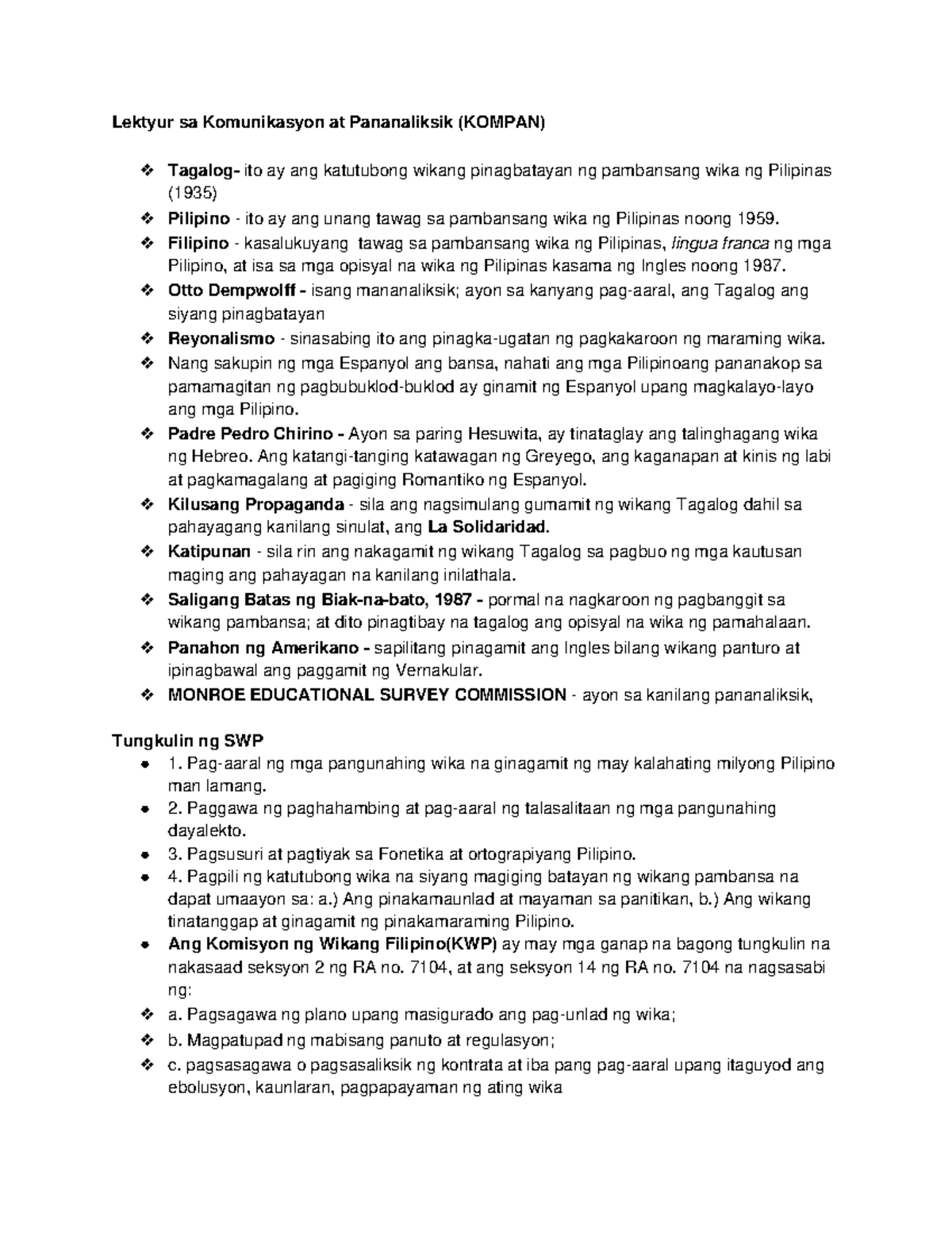 KOMPAN - Lecture Notes on Filipino Language and Communication - Studocu