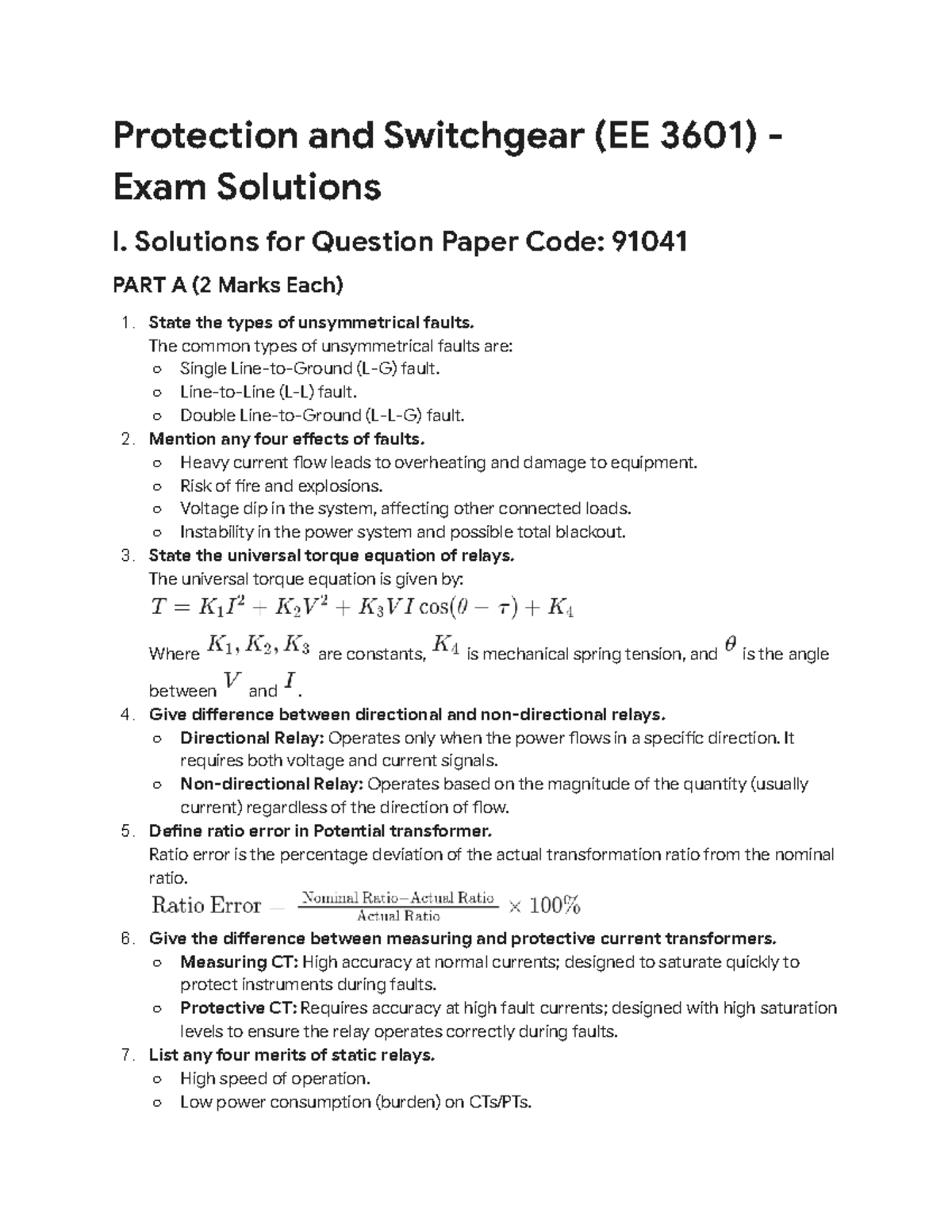 Protection and Switchgear (EE 3601) Exam Solutions and Key Concepts ...