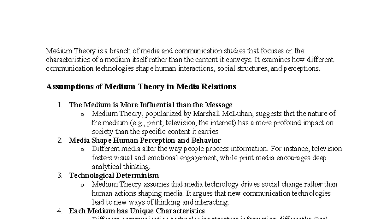 Medium Theory in Media Relations: Key Assumptions and Impacts - Studocu