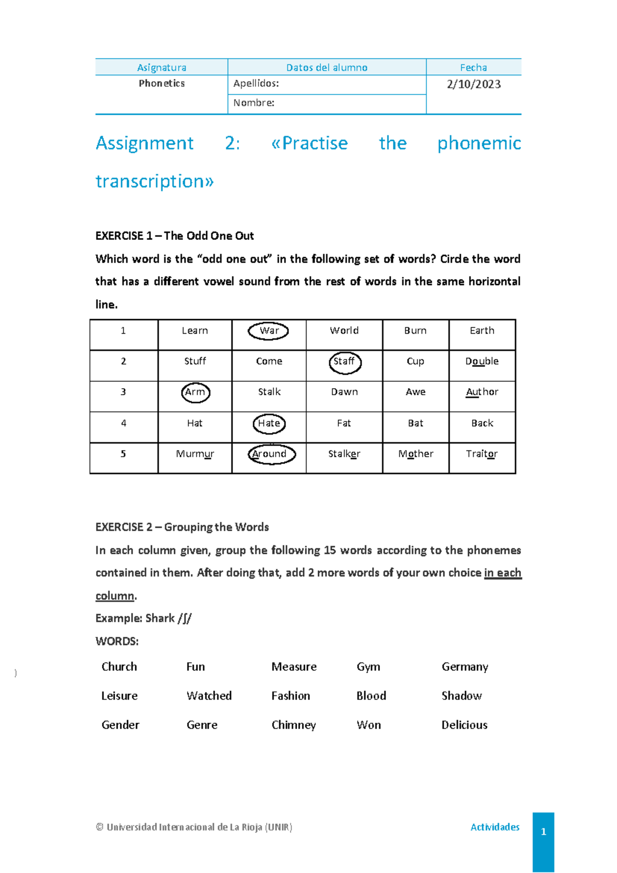 Phonetics Assignment 2: Practise Phonemic Transcription Exercises - Studocu