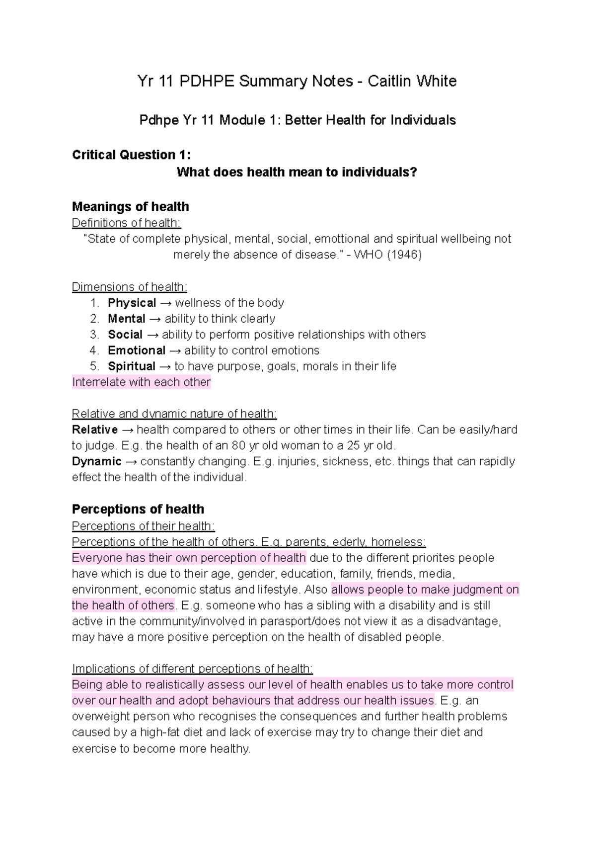 Yr 11 PDHPE Summary Notes: Health, Movement & Body Systems Insights ...