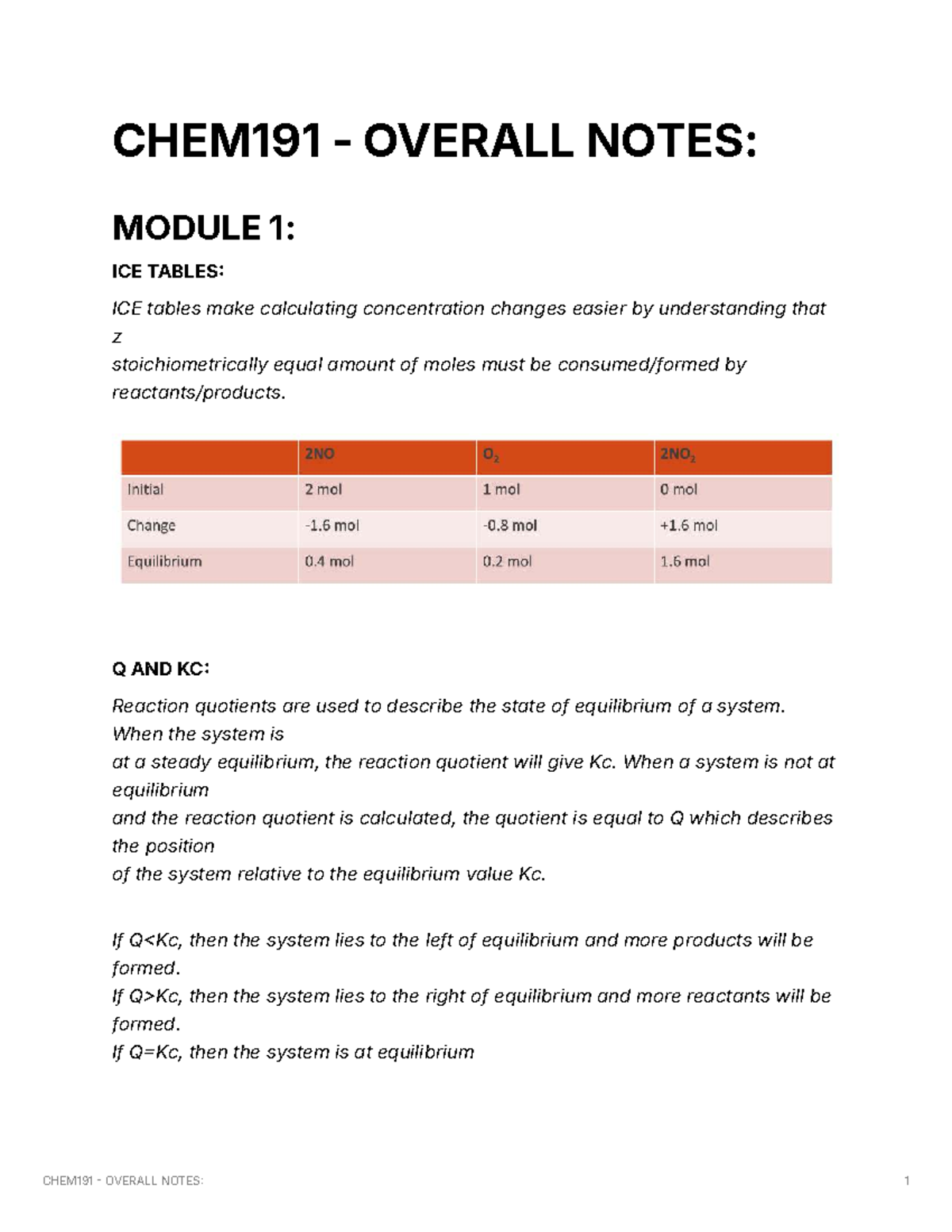CHEM191 OVERALL NOTES: MODULE 1-3: ICE TABLES, EQUILIBRIUM, REACTION ...