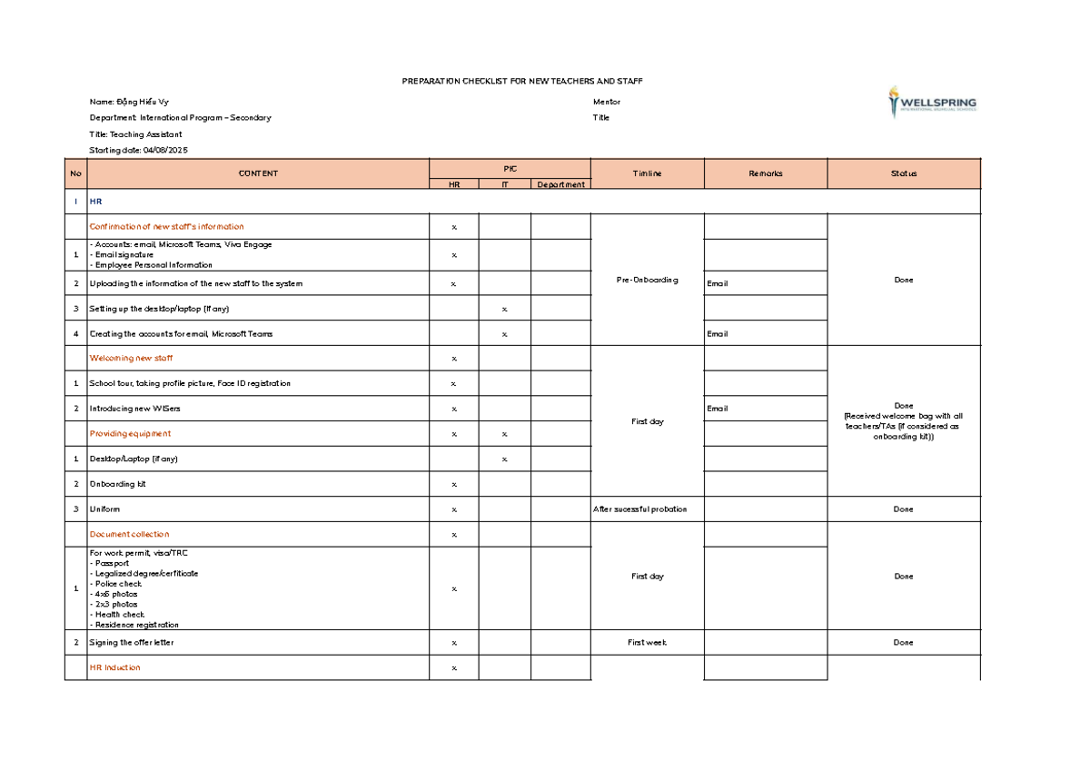 Preparation Checklist for New Teachers & Staff - Đặng Hiểu Vy - Studocu