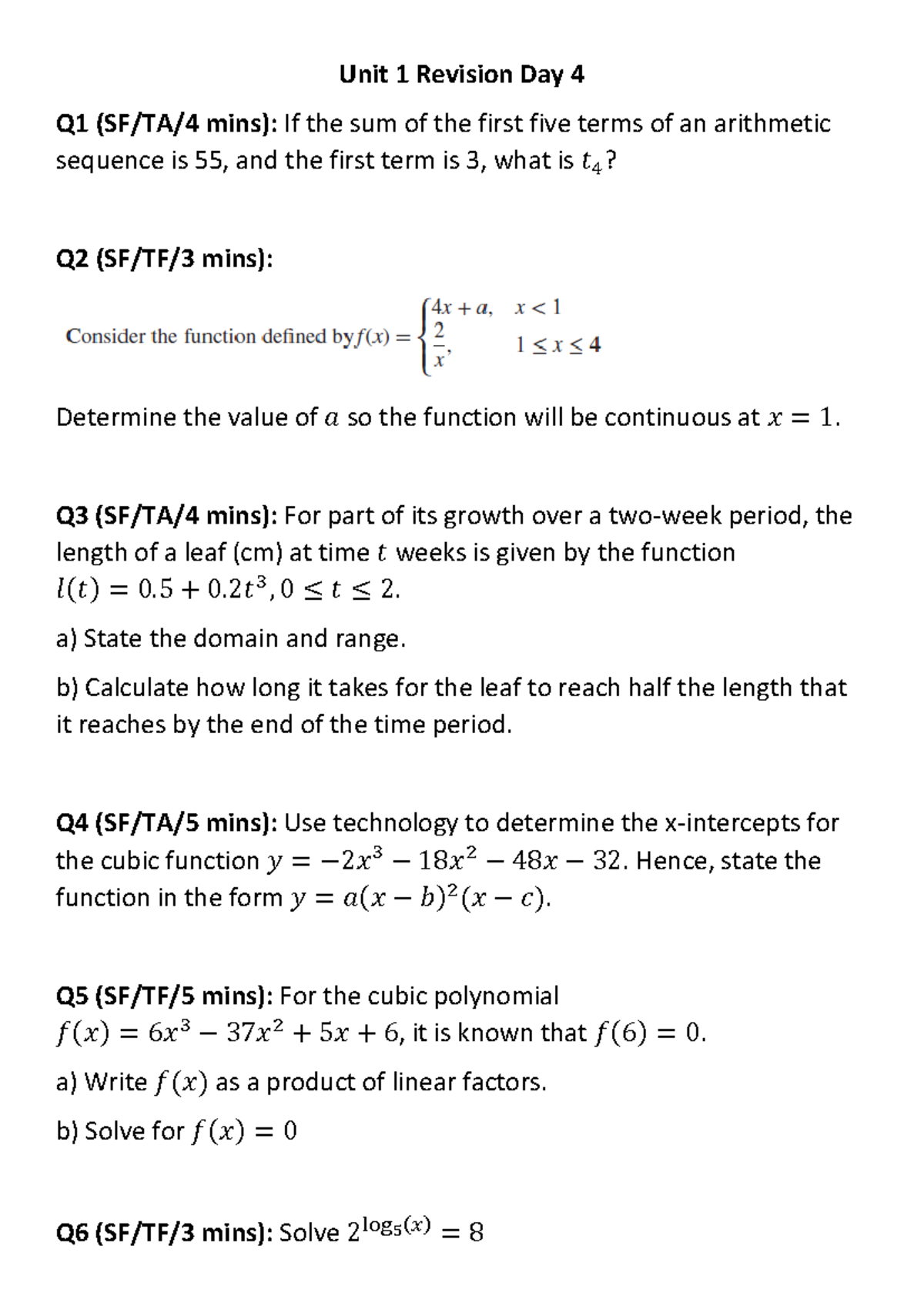 Unit 1 Revision Day 4: Arithmetic & Cubic Functions Analysis - Studocu