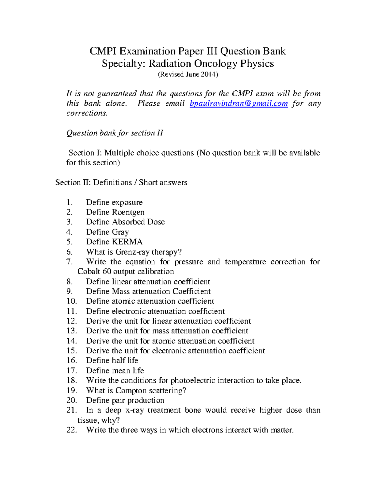 CMPI Question Bank for Paper III: Radiation Oncology Physics - Studocu