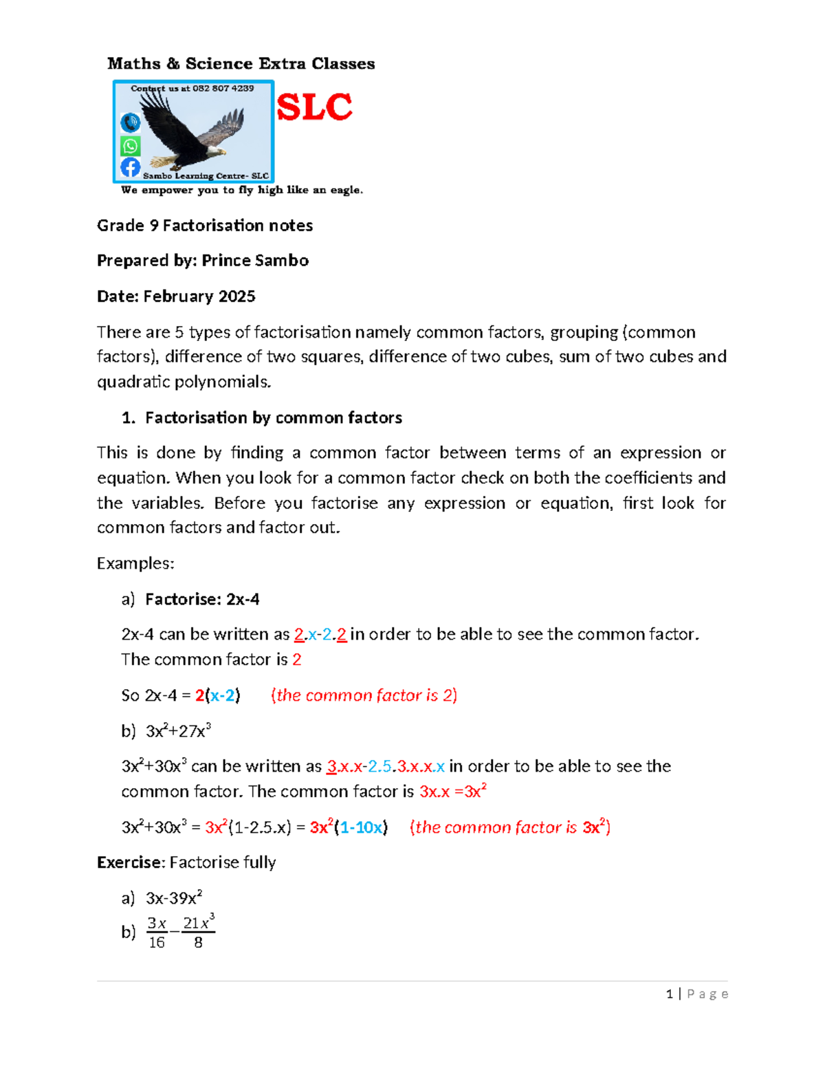 Grade 9 Factorisation Notes Comprehensive Study Guide By Prince Sambo