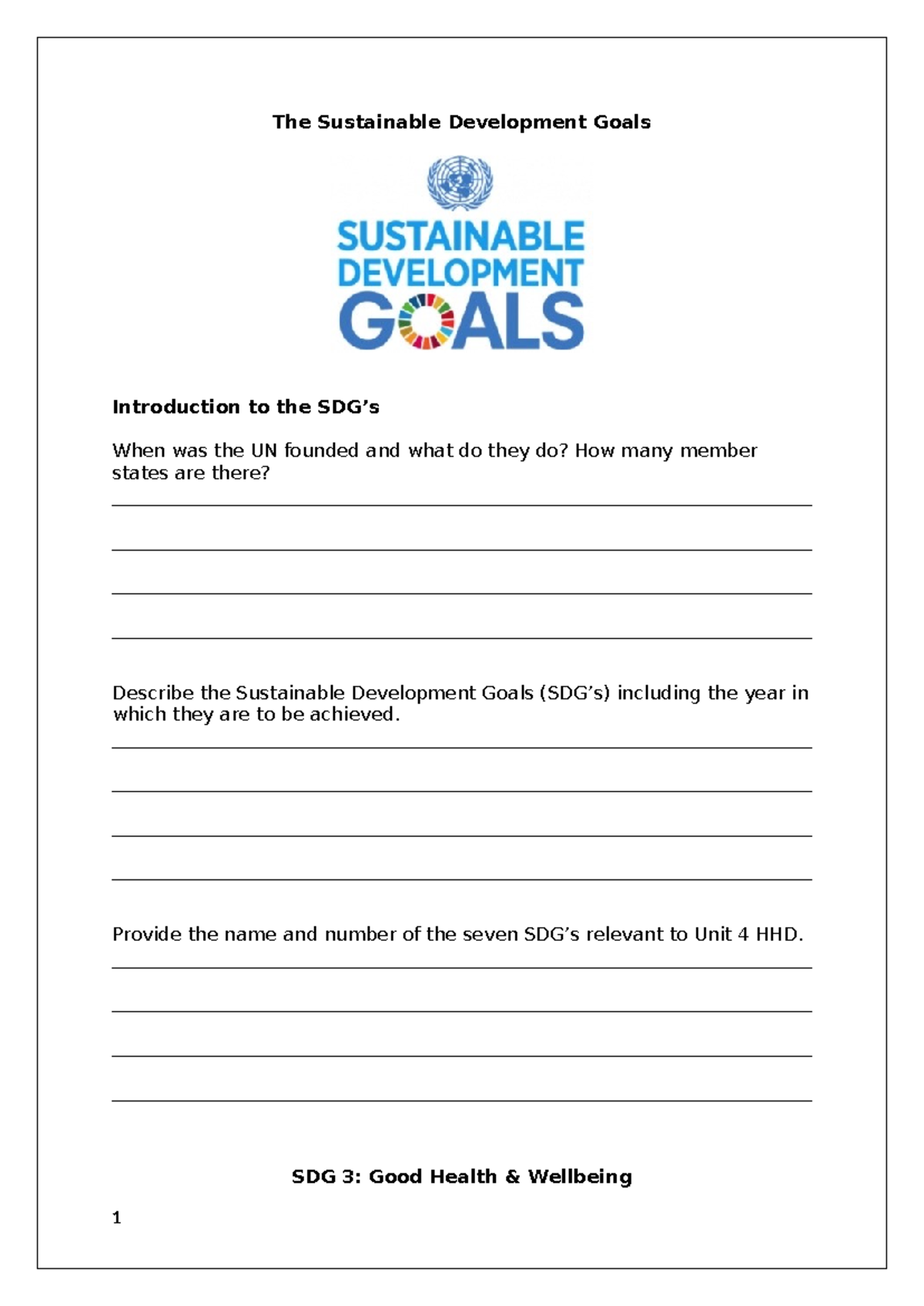 Unit 4 HHD: Understanding the Sustainable Development Goals (SDGs ...