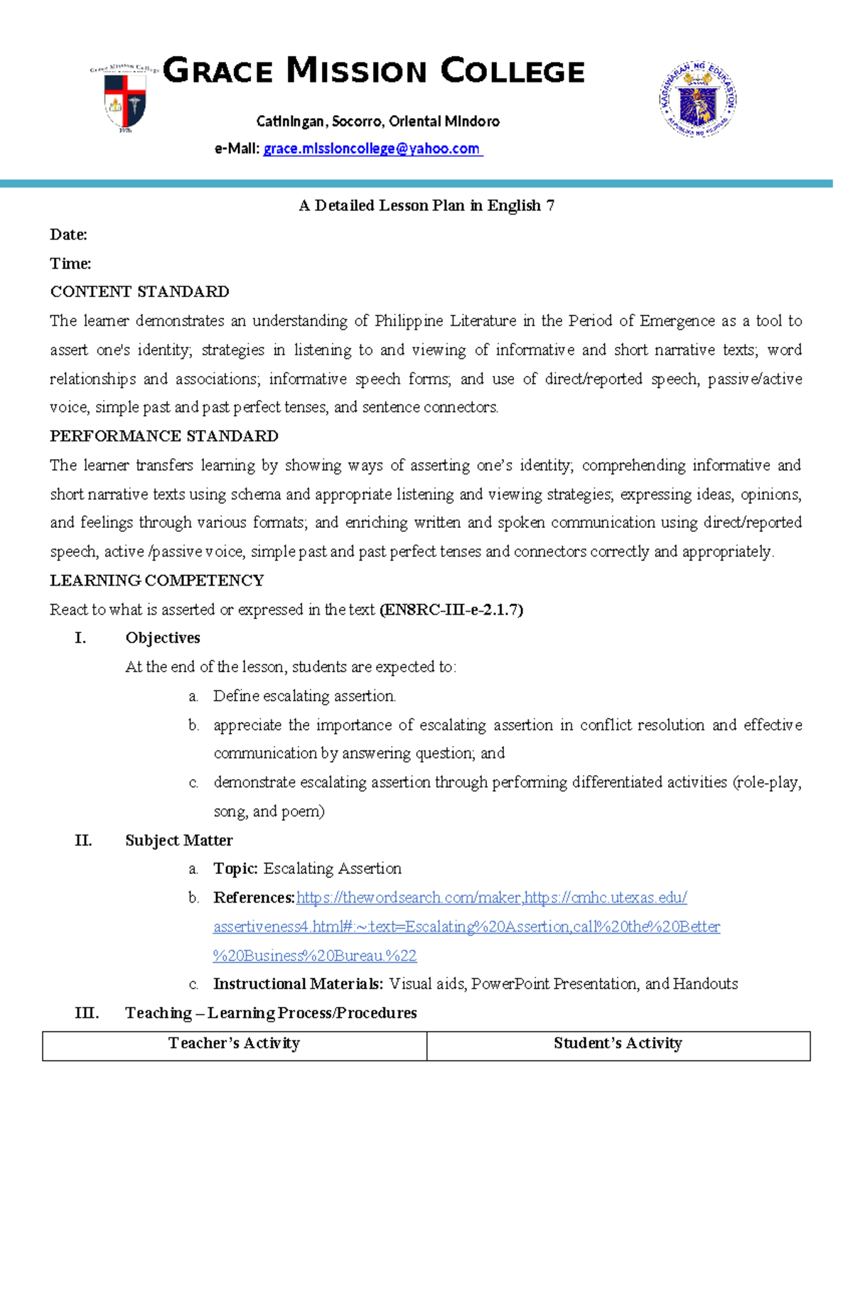 Escalating Assertion sample lesson plan for practice teaching - GRACE MISSION COLLEGE Catiningan ...