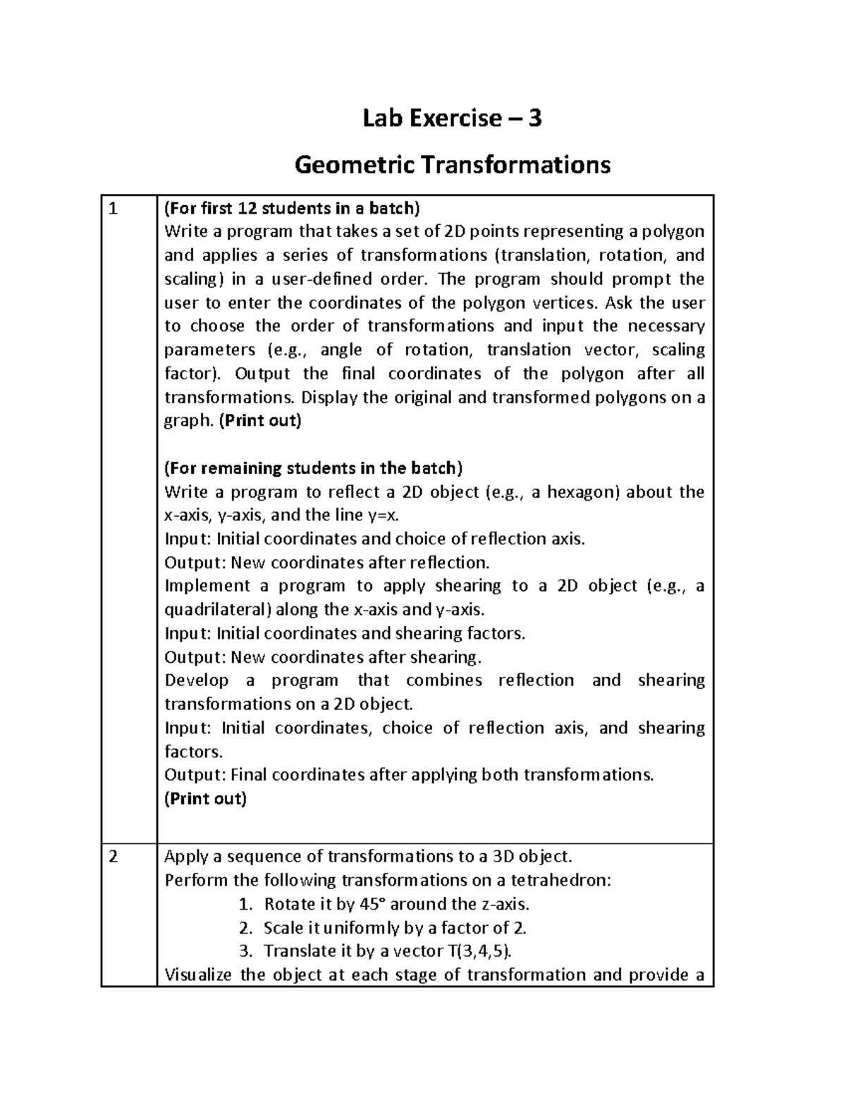 Lab Exercise 3: Geometric Transformations and Programs - Studocu