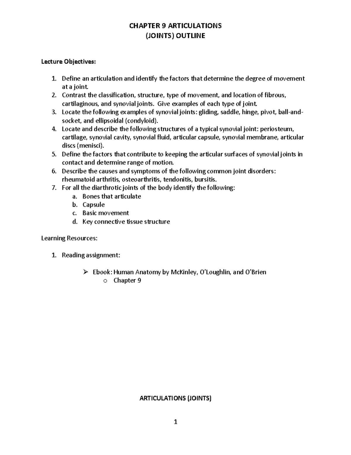 CHAPTER 9: ARTICULATIONS (JOINTS) OUTLINE FOR ANATOMY 101 - Studocu