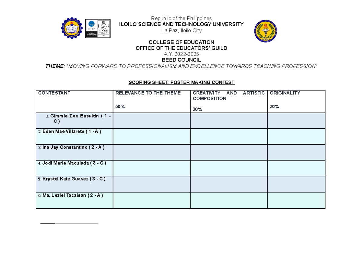 BEED Poster Making Contest Scoring Sheet - A.Y. 2022-2023 - Studocu