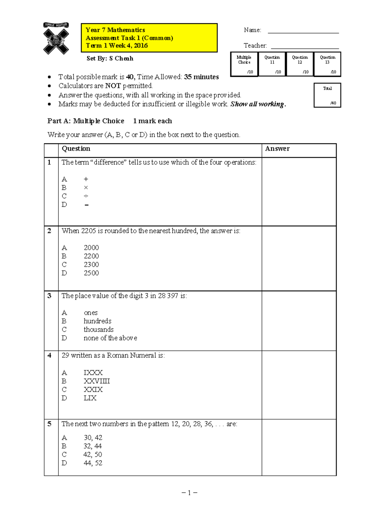 2016 Y7 Mathematics Assessment Task 1 - Term 1 Week 4 - Studocu