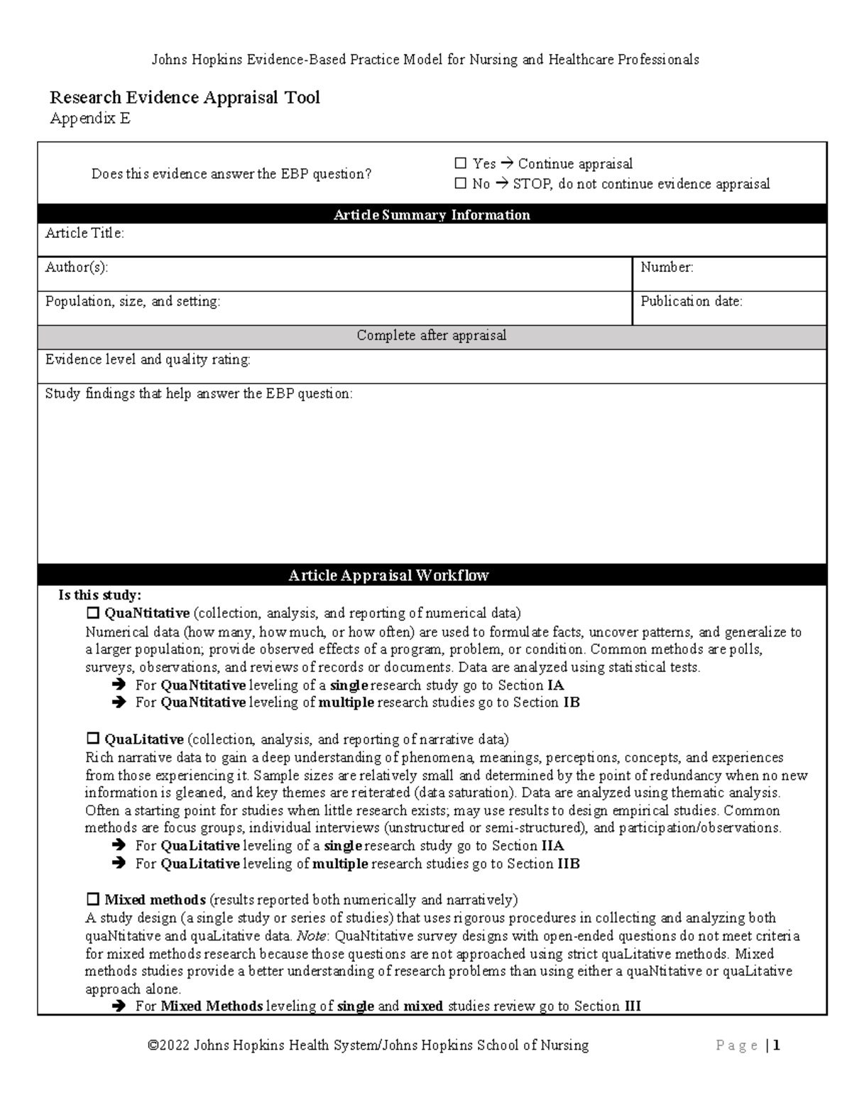 Appendix E: Research Evidence Appraisal Tool (2022) Guide - Studocu