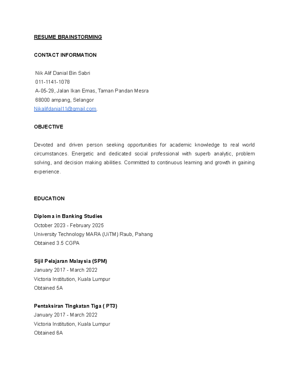 BA1194D NIK ALIF Danial BIN Sabri - Comprehensive Resume Overview - Studocu