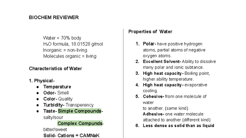 BIOCHEM 101: Properties of Water Review Notes - Studocu