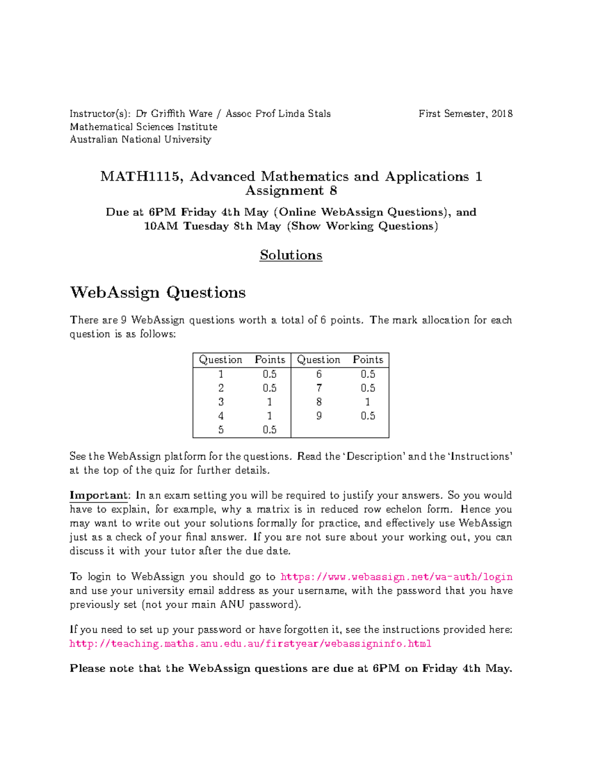 MATH1115 S1 2018 Assignment 08 a - Instructor(s): Dr Griffith Ware ...