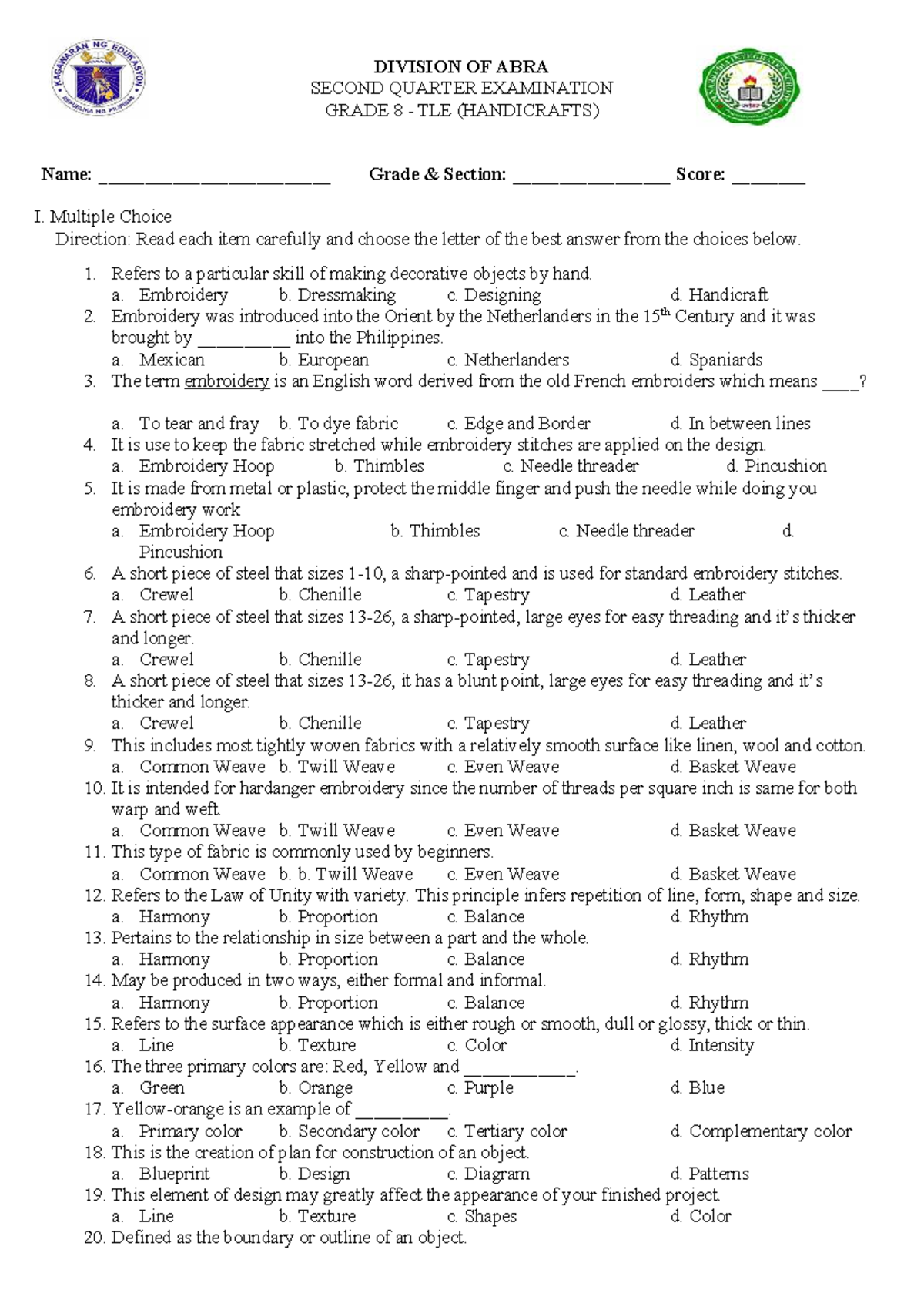 Grade 8 TLE (Handicrafts) 2nd Quarter Exam Reviewer - Studocu