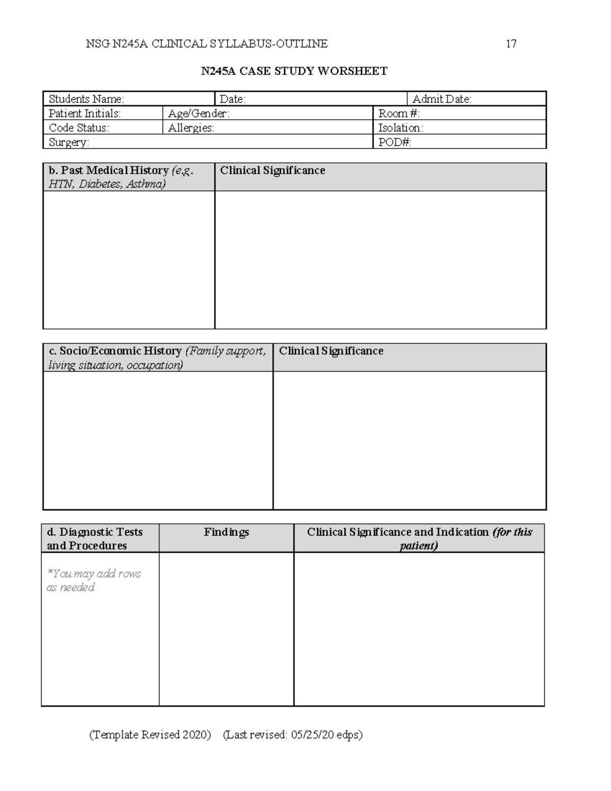 N245A Case Study Worksheet: Patient Care & Nursing Management - Studocu